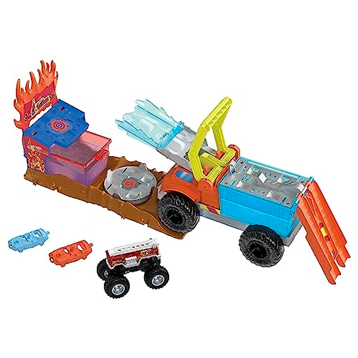 Hot Wheels Monster Trucks Arenabeukers Color Shifters 5 Alarm Rescue with 1 Color Shifter Monster Truck, 2 Color Shifter Demolition Cars and 1 Detachable Trailer, HPN73