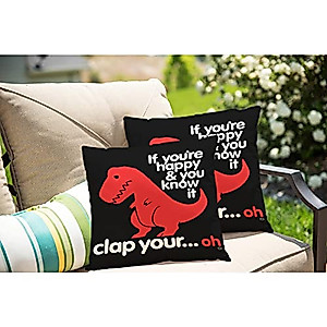 Vosach Dinosaur Outdoor Indoor Pillow Covers, Red Dino If You are Happy You Know It Home Decorative Throw Pillow Case Cushion Cover for Sofa/Bed/Patio/Garden/Balcony, 18x18 Inch, 2 Pcs
