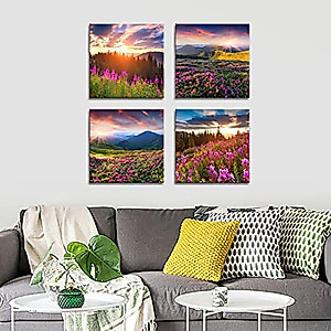 Noah Art-Modern Landscape Art Print Posters, Sun Light over Mountains Wall Art Pictures of Flowers on Canvas Print, 4 Piece Sunrise Canvas Art Ready to Hang Outdoor Wall Art for Bathroom Wall Decor
