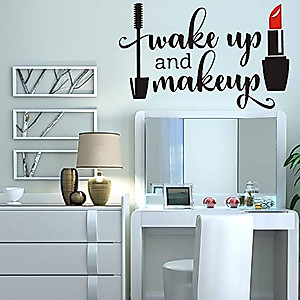 Wake up and Make up Quote Wall Decal Sticker, AUHOKY Unique Art Words Peel and Stick Space Wall Stickers, Removable DIY Mural Decor Wallpaper for Dressing Room Girls Bedroom