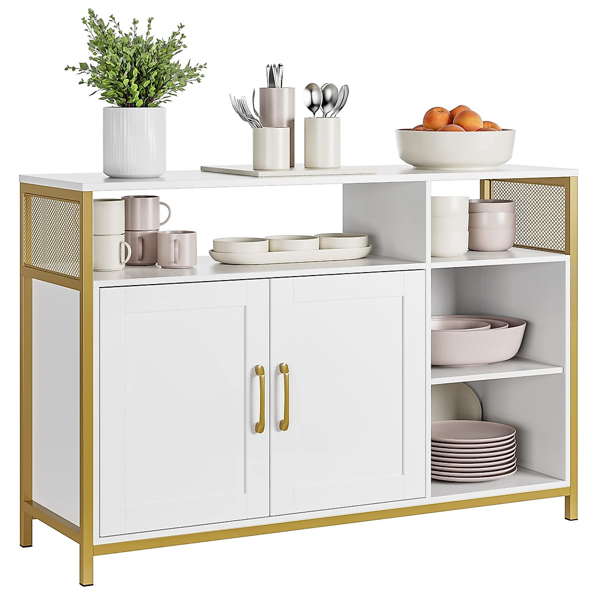 HITHOS Sideboard Buffet Cabinet, Gold Storage Cabinet with Doors and Adjustable Shelves, Modern Coffee Bar Cabinet Accent Cabinet for Kitchen, Dining Room, Living Room, Entryway, Gold/White
