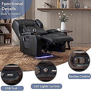 VUYUYU Power Recliner Chair with Heat and Massage, Faux Leather Recliner Sofa Chairs for Living Room Home Theater Seating with LED Lights/Cup Holders/Side Pocket/USB Port/Infinite Position (Black)