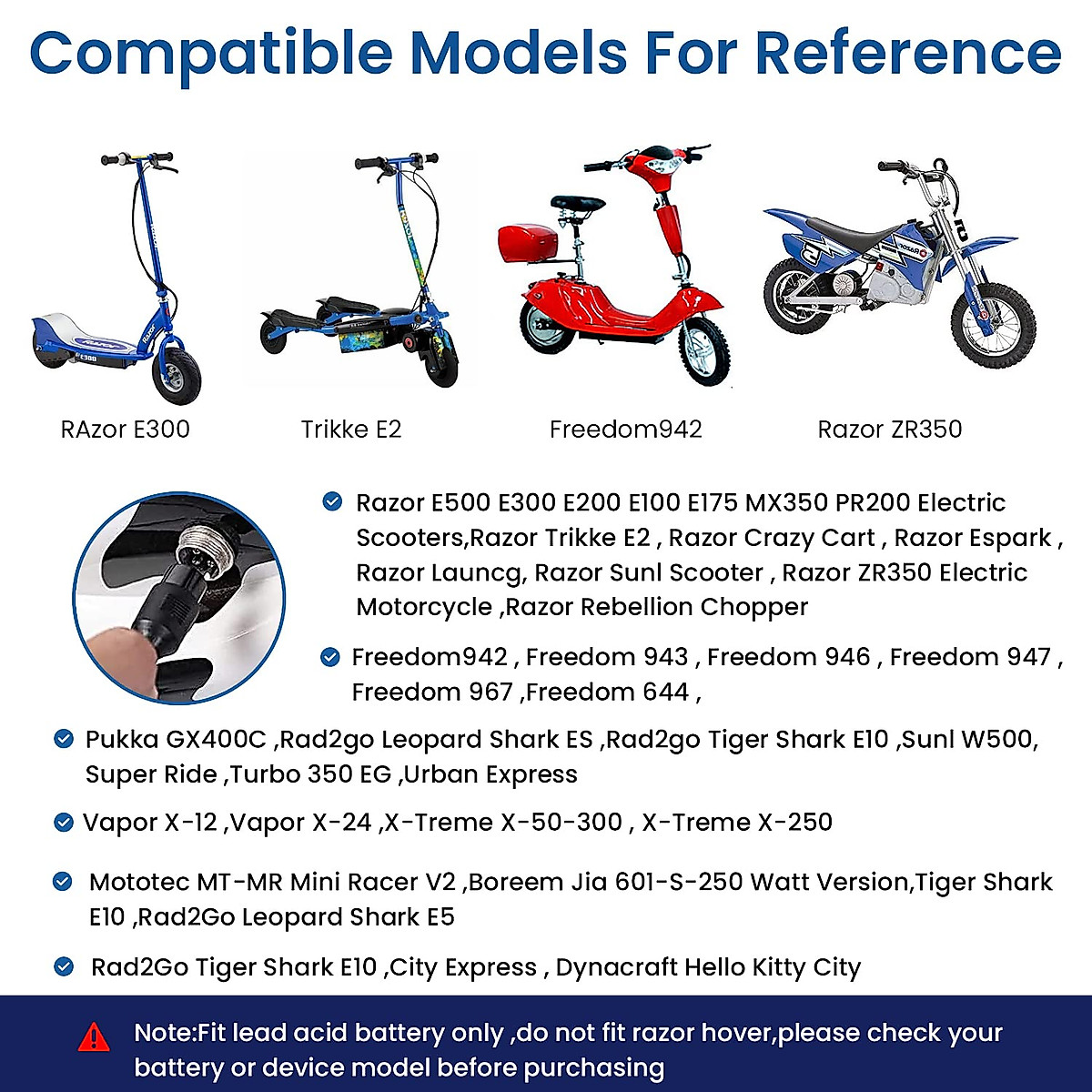 CGGXJP Electric Scooter Charger for Razor E300, E200, E100, PR200, MX350, Dirt Quad, Pocket Mod, Sports Mod, Go Kart Connector - 3-Prong Inline Female Battery Power Cord 24V 1500mA Adapter Cable