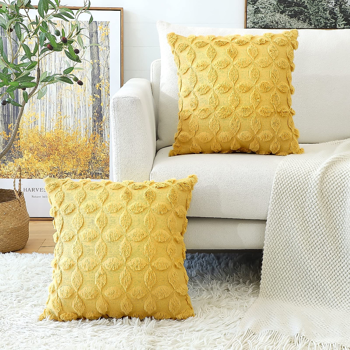 OTOSTAR Set of 2 Soft Plush Short Wool Velvet Decorative Throw Pillow Covers with 3D Flower Pattern Cushion Covers - Couch Sofa Pillow Covers for Living Room - Yellow 18x18 Inch