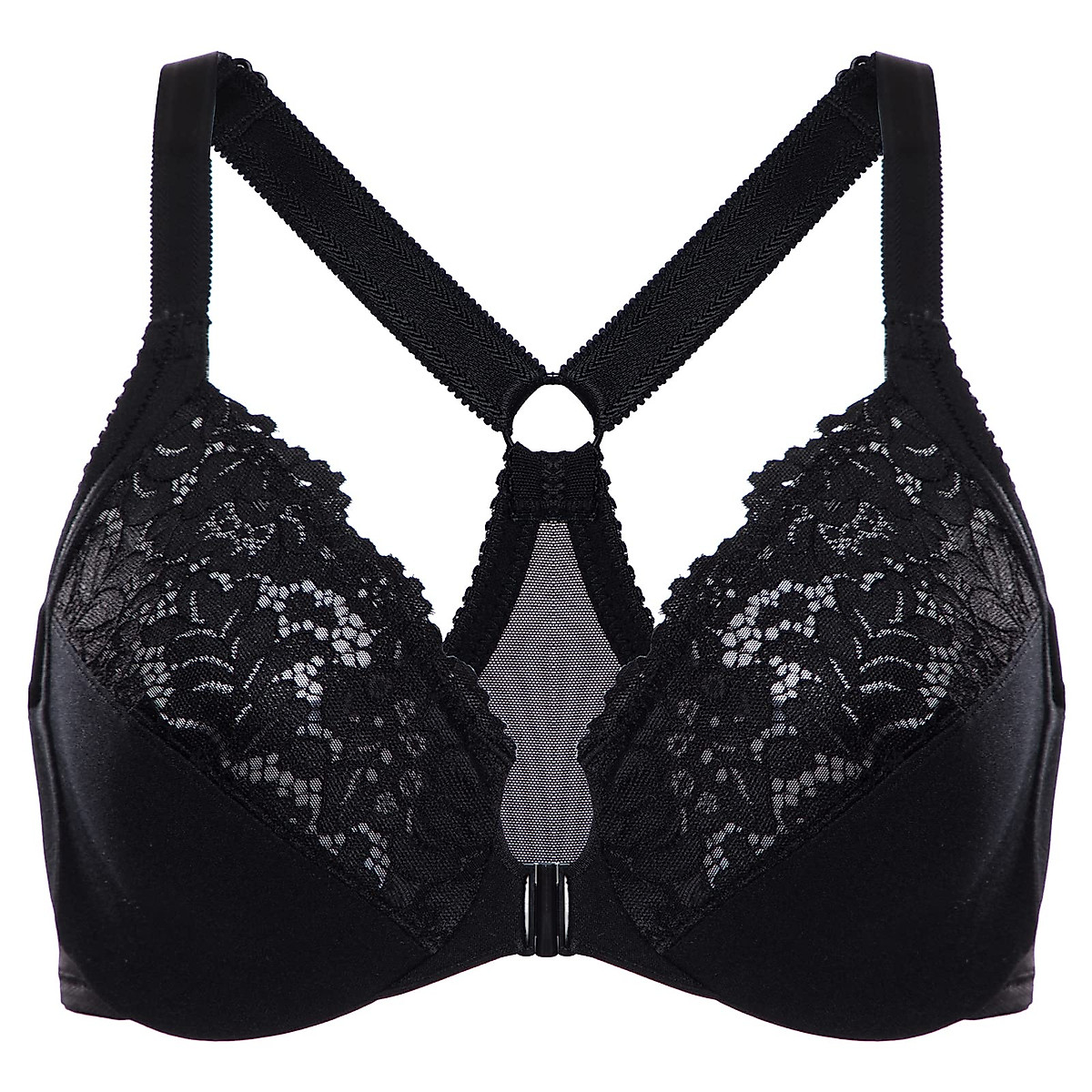 DELIMIRA Women's Front Closure Plus Size Full Coverage Lace Underwire Racerback Bra Black 40F