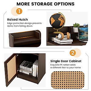 Tangkula Mid Century Desk with Hutch, 48” Writing Study Desk with PE Rattan Storage Cabinet & Shelves, Laptop PC Desk with Rubber Wood Legs, Compact Computer Workstation for Home Office (Brown)