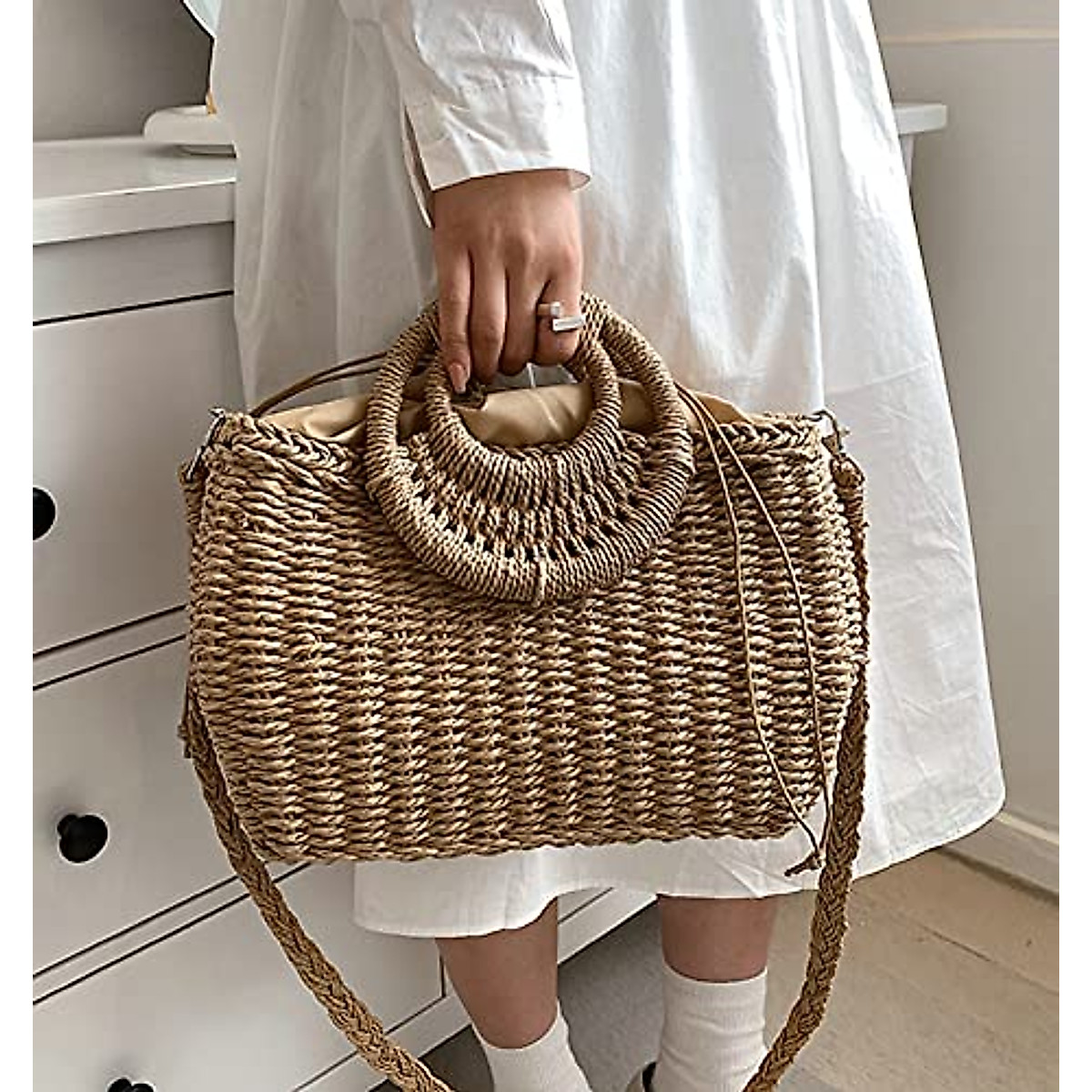 Handmade Woven Straw Handbag Women Summer Trendy Beach Travel Tote Bag Purse