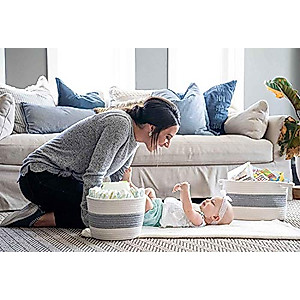 LITTLE HIPPO 3 Pcs Big Blanket Basket Living Room - (21"x16") Extra Large Rope Woven Baskets for Storage | 100% Natural Cotton Decorative Toy Basket with Handles | Boho Laundry Basket for Floor