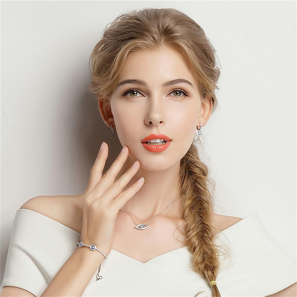 BISAER Blue Evil Eyes Tennis Bracelet 925 Sterling Silver Luck Bracelet with Cubic Zirconia Chain Adjustable for Women