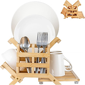 JOEY'Z Bamboo Dish Rack, Collapsible Dish Drying Rack for Kitchen Counter 3 Tier Kitchen Drying Rack (Dishrack with Utensil Holder)