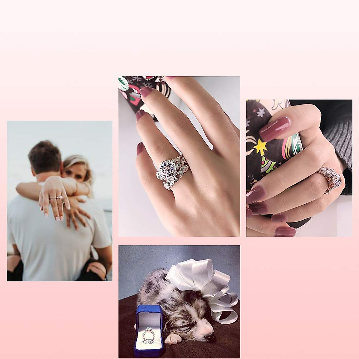 Jeulia 4 Carat Leaf Rings for Women 925 Sterling Silver 18 K Rose Gold Plated Round Cut Engagement Ring Set White Diamond Halo Cubic Zirconia Wedding band CZ Solitaire Anniversary Promise Rings (6.5)