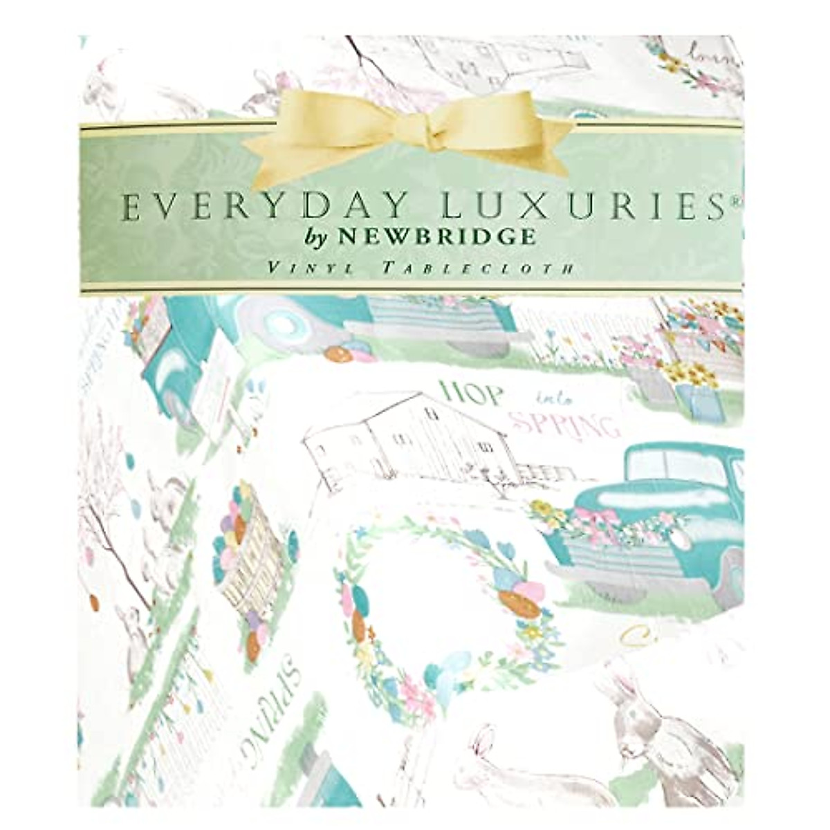 Newbridge Nostalgic Easter Market Farm Truck Vinyl Flannel Backed Tablecloth - Spring Flower Market, Bunny and Egg Print Indoor/Outdoor Easy Care Vinyl Tablecloth, 52” x 70” Oblong/Rectangle