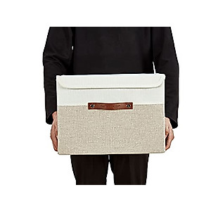DECOMOMO Foldable Storage Bin with Lids [3-Pack] Collapsible Sturdy Cationic Fabric Storage Basket Box Container W/Handles for Organizing Shelf Nursery Linen (Beige and White, 15 x 11 x 11” – 3 Pack)