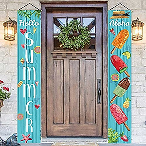 KYMY Summer Aloha Porch Banners,Seasonal Popsicle Party Hanging Banners,Hello Summer Porch Sign,Front Door Sign Decoration for Hawaii Party,Summer Party Supplies for Indoor Outdoor (Lt.blue)