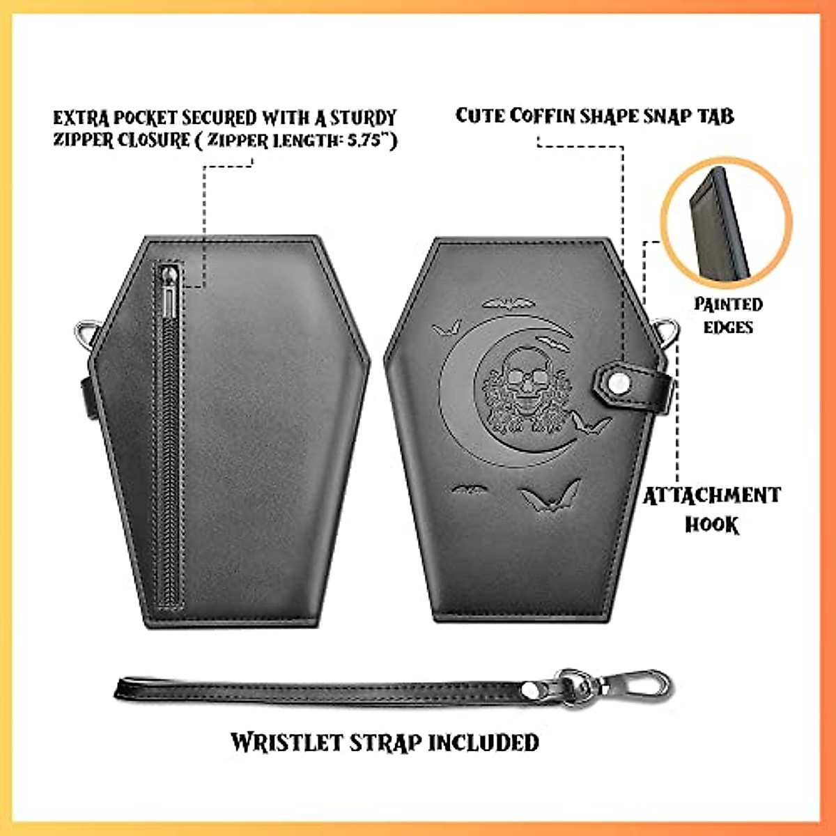 Lazy Skull Large Coffin Wallet – Horror Coffin Purse – Spooky Goth Wallet – Skull Wallet for Women – Gothic Moon Wallet with Zipper – Snap Closure Witch Wallet– Halloween Witchy purse