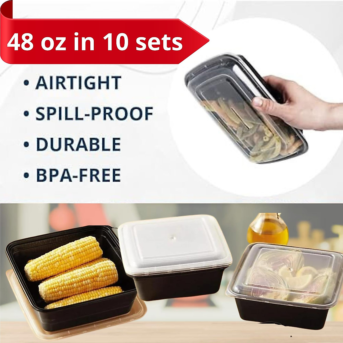 Generic BUHAYA Square Meal Prep Food Container with Lid, 48oz, 10 Sets/Pack - One Compartment Bento Box - Stackable - Freezer Safe Plastic Disposable Bento Boxes Ideal for Food Storage To Go, Black