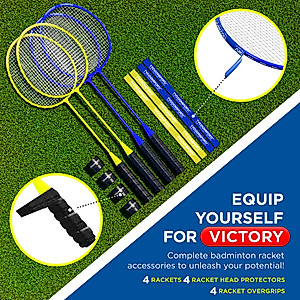 Complete Badminton Set | Portable Badminton Net with Stand 10 x 5 | 4 Badminton Rackets | 4 Over-Grips | 4 Racket Protectors | 8 Badminton Birdies (4 LED & 4 Goose-Feather) | 1 Hard Carry Case