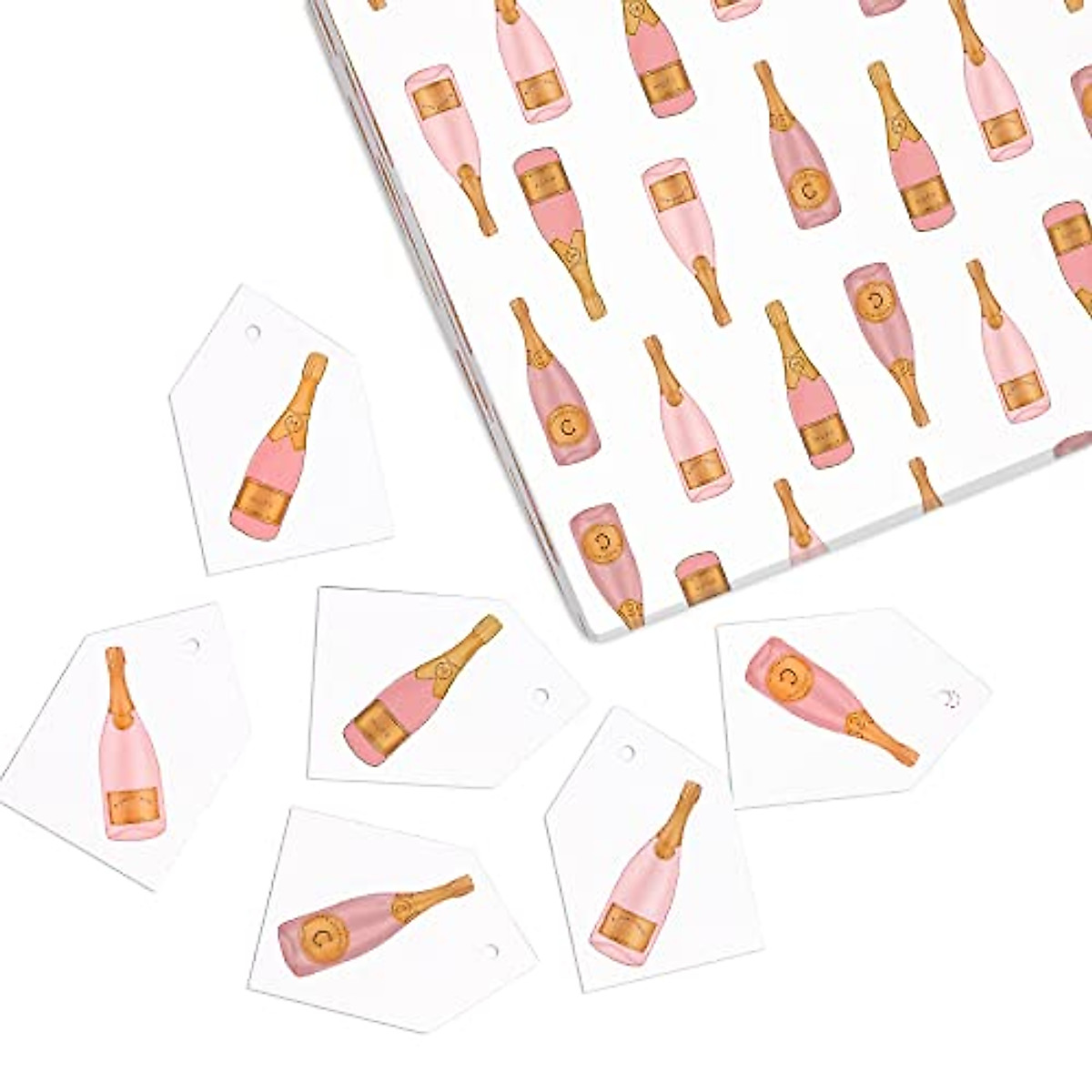 CENTRAL 23 White Wrapping Paper - 6 Sheets of Gift Wrap - and Champers - Elegant Wrapping Paper for Women - Pink Brown Bottles - For Party Bridal Shower - Comes With Fun Stickers