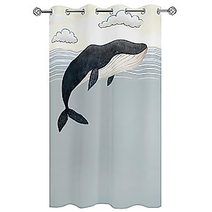 Waterproof Outdoor Curtains for Patio, Cartoon Whale Under the Sea and Clouds Weatherproof Privacy Outdoor Drapes, Grommet Top Outside Curtains for Gazebo Porch Pergola Cabana, 52x108 Inch
