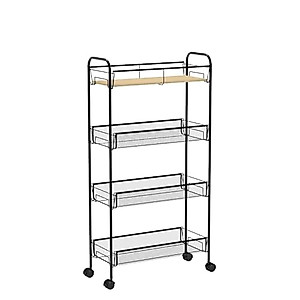KINGRACK 4-Tier Slim Rolling Cart,Metal Utility Cart,Slide Out Storage Cart with Wooden Tabletop and Mesh Baskets for Narrow Space on Kitchen Bathroom Laundry Room Bedroom Apartments Dormitory, Black