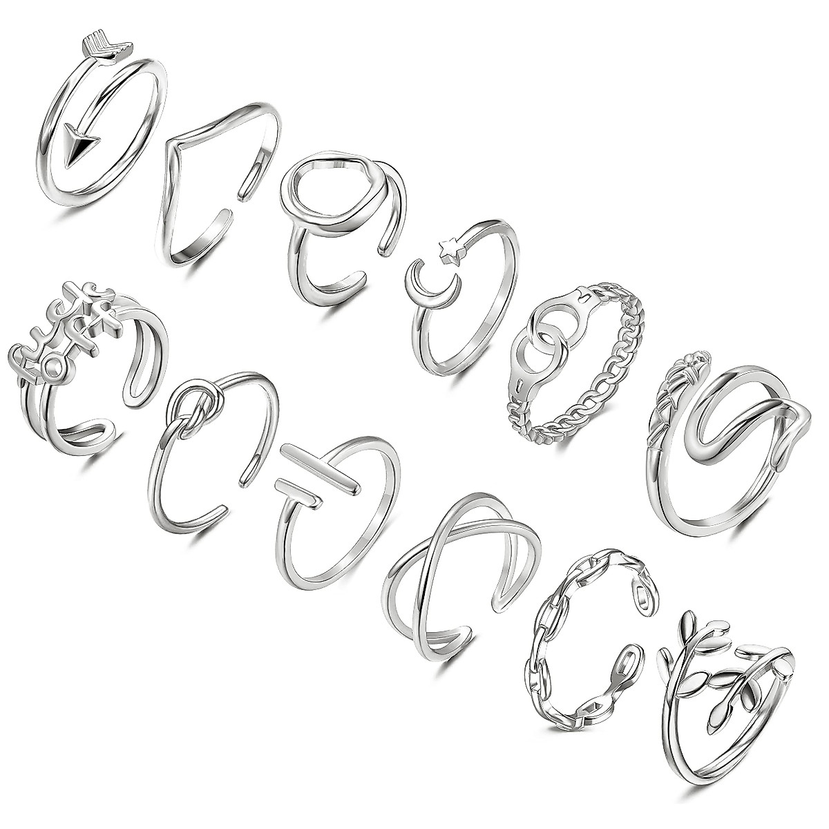 ABDOT 12PCS Adjustable Stackable Thumb Open Rings Set for Women Silver Plated Knuckle Stacking Rings Set Boho Vintage Finger Rings S