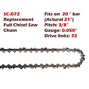 SWFS Reliable (3-PACK) Replacement D72 Full Chisel Saw Chain for 20 Inch Bar, Fits Husqvarna, Poulan, Craftsman, Makita, Stihl and others