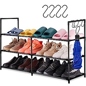 NiHome 3-Tier Shoe Rack Sturdy Durable Metal Shoe Organizer 12 Pairs Space Saving Shoe Tower Shoe Stand Shoe Shelf Non-Woven Fabric for Closet Hallway Entryway Living Room Bedroom (Black)