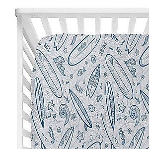 Lyzelre Surfboard Fitted Crib Sheet,Doodle Surfing Boards Waves and Starfishes Hawaiian Summer Microfiber Silky Soft Toddler Mattress Sheet Fitted,28"x 52"x 8'',Baby Sheet for Boys Girls