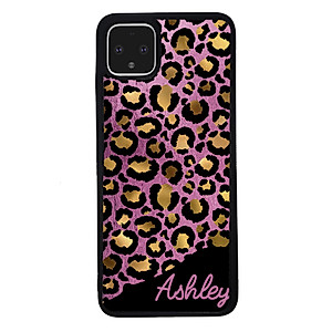 Leopard Skin Pink Gold Foil Personalized Black Rubber Phone Case Compatible With Google Pixel 8 Pro, 8a, 8, 7a, 7, Pixel 7 Pro, 6a, 6 Pro, 6, 5, 4a 5G, 4a 4G, 4, 4 XL, 3a, 3a XL, 3, 3 XL, 2 XL, 2