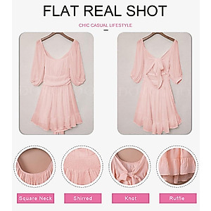 Dokotoo Women's Square Neck Off The Shoulder Dresses Lantern Sleeve Tie Backless Sexy Dresses Ruffle A-Line Casual Dress Shirred Elastic Waist Pink Dress for Women Medium
