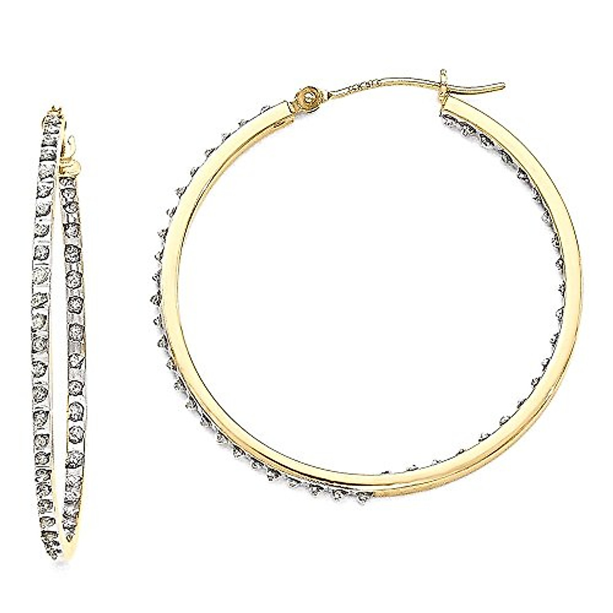 14K Yellow Gold Diamond Round Hinged Hoop Earrings