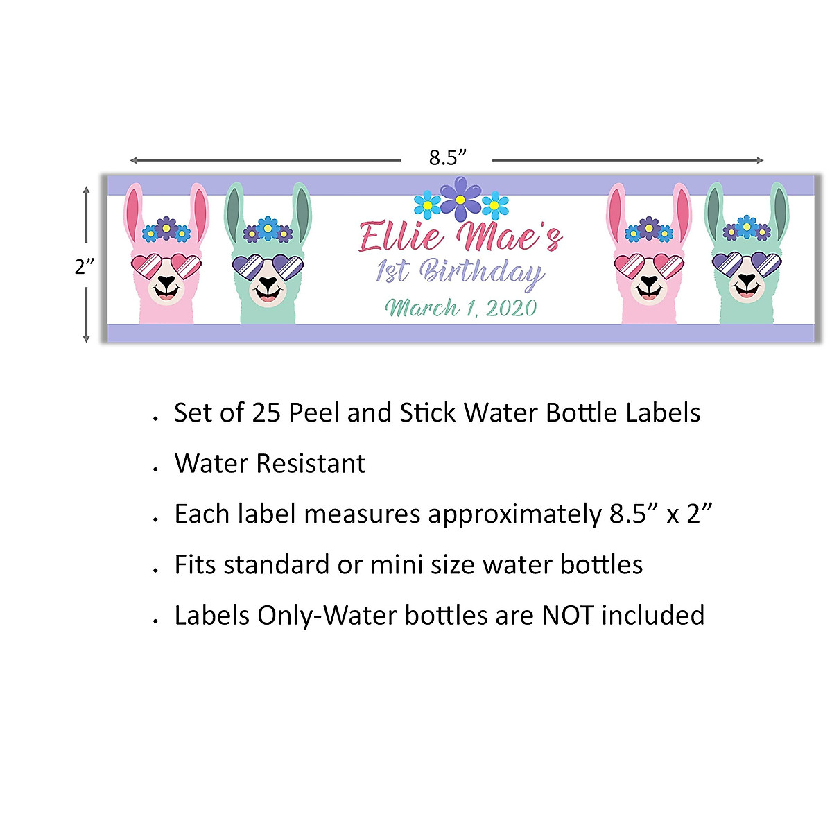 Llama Water Bottle Labels, Personalized Party Favors for Girls, Pack of 25 Peel and Stick Waterproof Wrappers