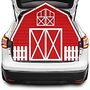 Haooryx Farm Theme Trunk Or Treat Decorations Banner for Cars, Red Farmhouse Car Trunk Decoration Backdrop Banner Waterproof Archway Garage Door Car Decor for Cars, SUVs, Halloween Outdoor Supplies