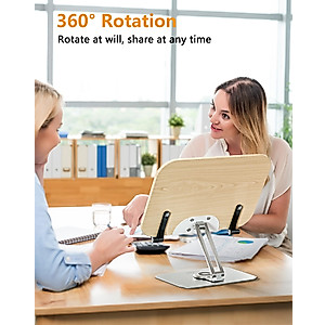Book Stand for Reading, Amasrich Adjustable Holder with 360° Rotating Base & Page Clips, Foldable Desktop Ricer for Cookbook,Sheet Music,Laptop,Recipe,Textbook,Hands Free,Wood,Aluminium