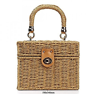 Women Rattan Bag Hand-Woven Rattan Crossbody Bag Straw Woven Bag with Leather Strap Summer Retro Beach Tote for Girls (Square Brown)