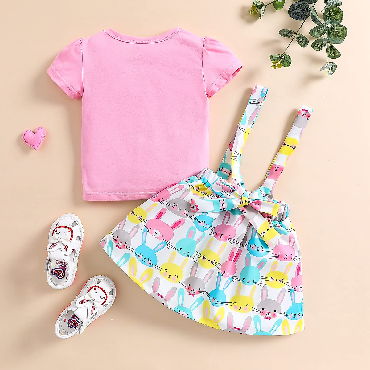 Toddler Baby Girl Easter Outfit Ruffle Short Sleeve T-Shirt Top Bunny Print Suspender Skirt 2Pcs Clothes Set (Pink, 3-4T)