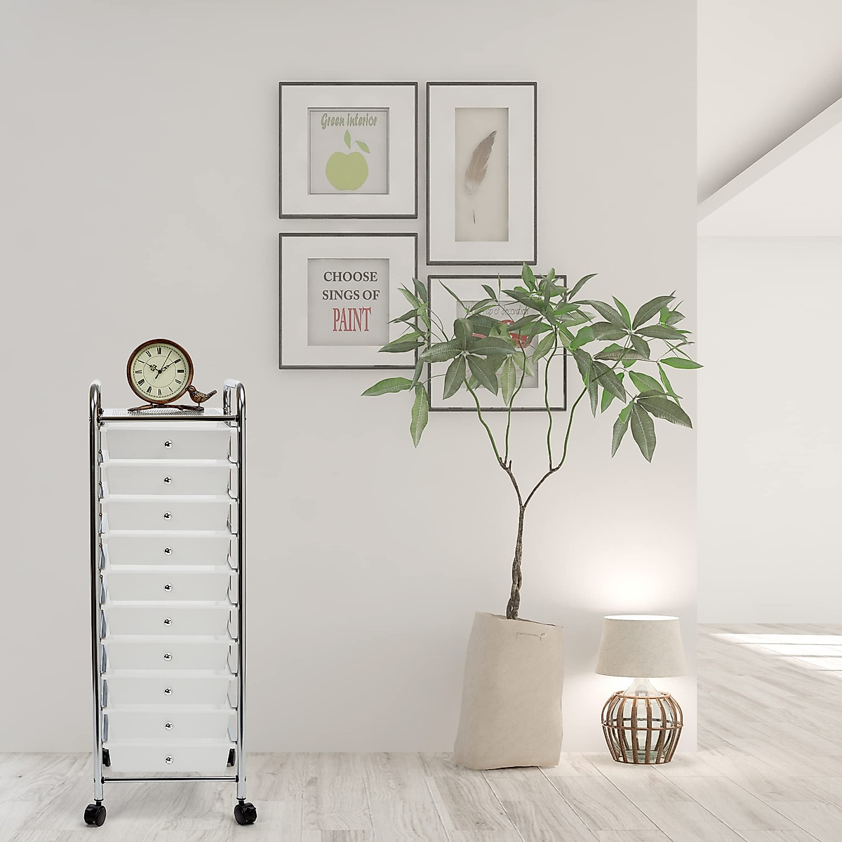 Seville Classics Rolling Utility Organizer Storage Cart, for Home Office, School, Classroom, Scrapbook, Hobby, Craft, 10 Drawer, Frost White