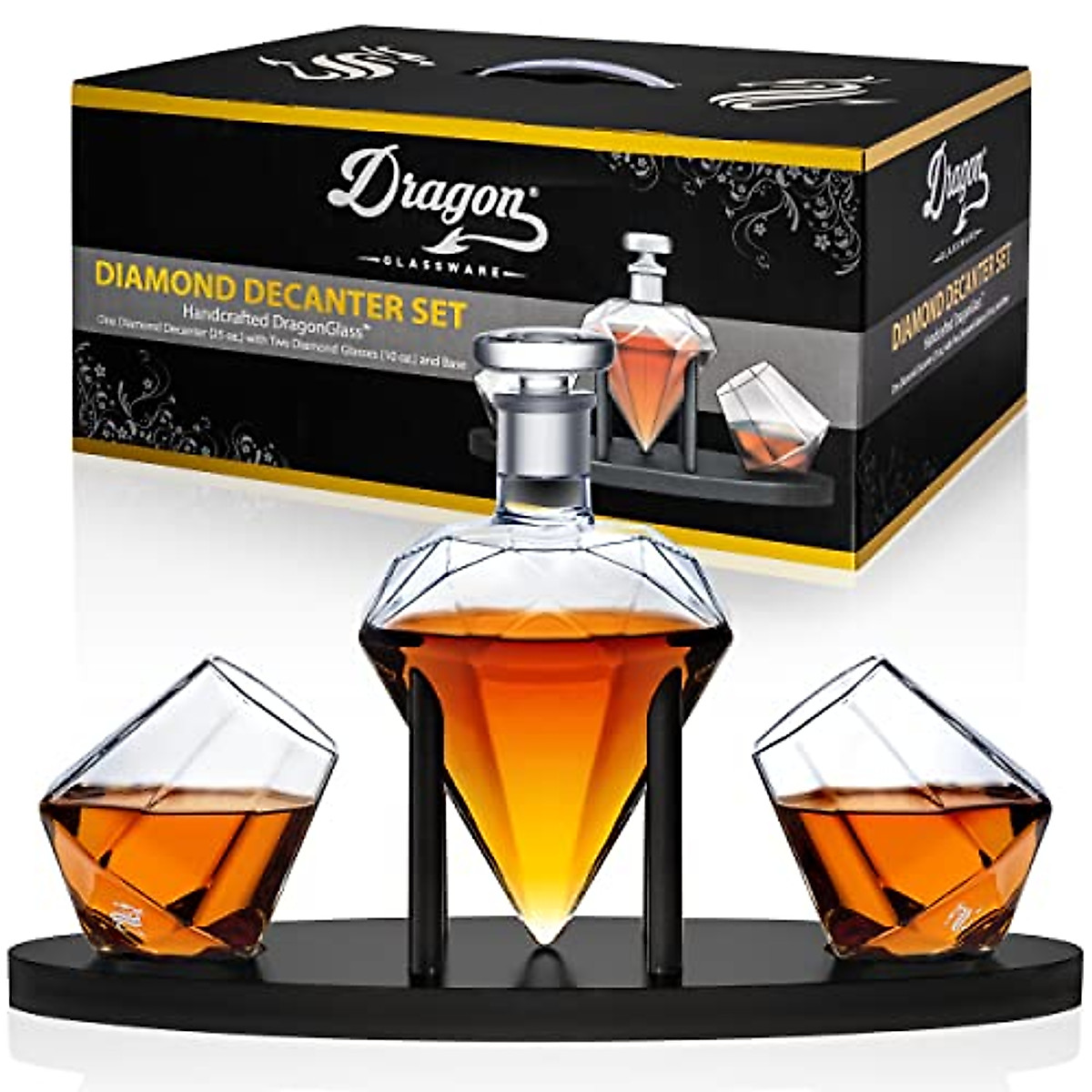 Dragon Glassware Decanter with Glasses Set, Diamond Shaped Decanter Naturally Aerates Whiskey and Wine and Liquor, Includes 2 Unique 10 oz Diamond Glasses, Unique Bar Gift, 25 oz