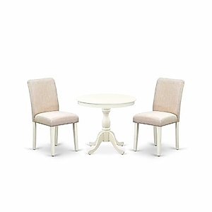 East West Furniture AMAB3-LWH-02 3 Piece Dining Room Furniture Set Contains a Round Dining Table with Pedestal and 2 Light Beige Linen Fabric Upholstered Chairs, 36x36 Inch, Linen White