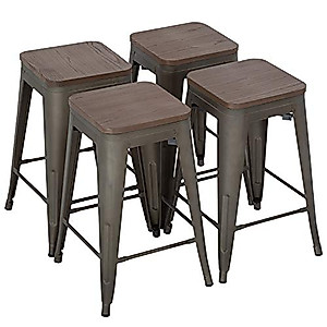 FDW 24 Inches Metal Bar Stools Set of 4 Counter Height Wood Seat Barstool Patio Stool Stackable Backless Stool Indoor Outdoor Metal Kitchen Stools Bar Chairs (Bronze)
