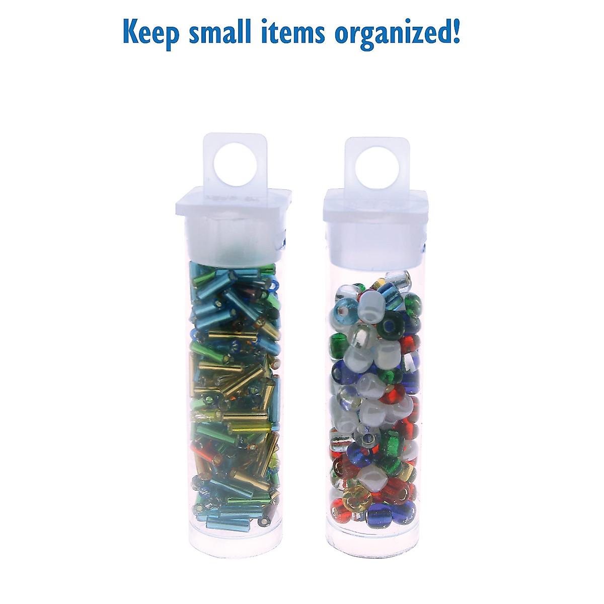 The Beadsmith Clear Plastic Tubes - 2-Inch-Long Round Tubes, 9/16 Inches in Diameter - Hanging Caps - Use for Beads, Bath Salts, Wedding & Party Favors, Home or Office Storage - Bag of 100