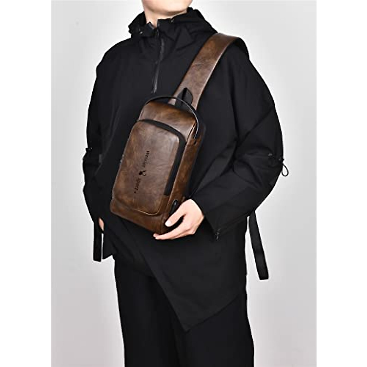 BBJMTCJTZ Leather Crossbody Shoulder Bags Anti -theft Rechargeable Hole Chest Bag Travel Bags (dark brown)