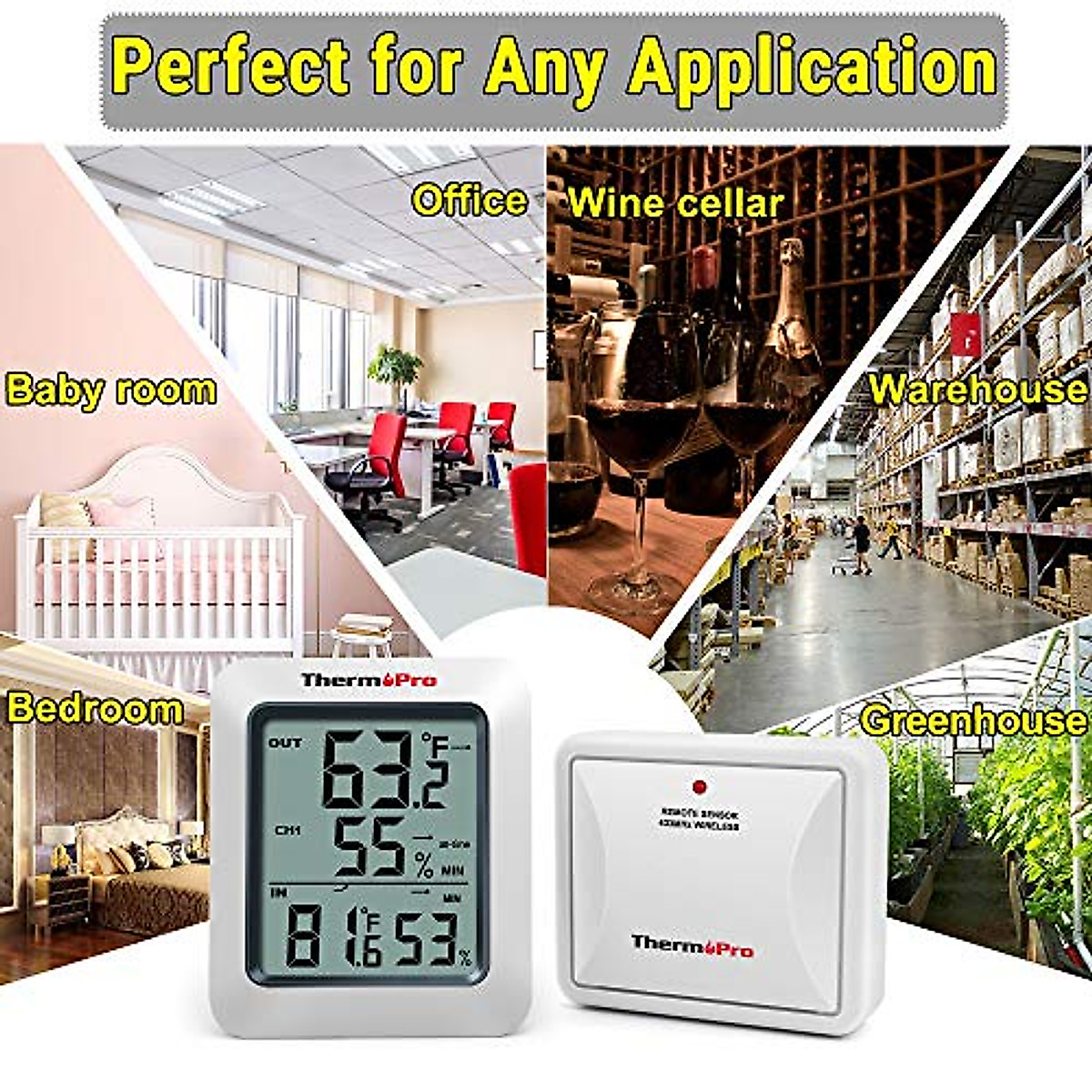 ThermoPro TP60 Digital Hygrometer Indoor Outdoor Thermometer Wireless Temperature and Humidity Gauge Monitor Room Thermometer with 200ft/60m Range Humidity Meter