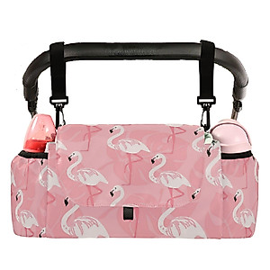 MCHIVER Pink Flamingo Illustration Baby Stroller Organizer with Adjustable Straps Non-slip Stroller Caddy with Cup Holders Large Capacity Stroller Bag for Diaper Toys Storage