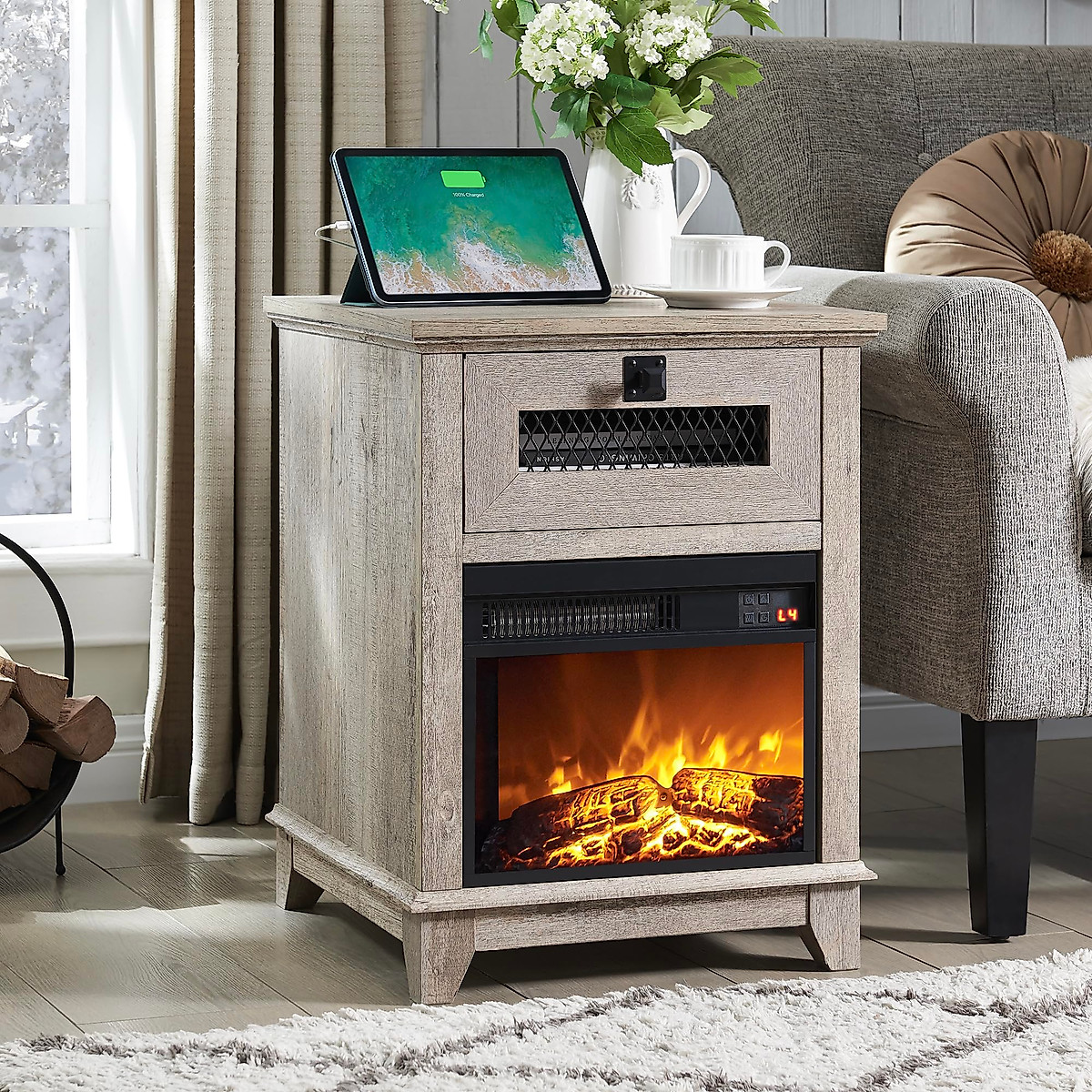 Nightstand with 13'' Electric Fireplace Heater & Charging Station, OKD 18'' Farmhouse Fireplace End Table w/Drawer,800W Space Heater, Rustic Sofa Side Table for Bedroom, Living Room, Light Rustic Oak