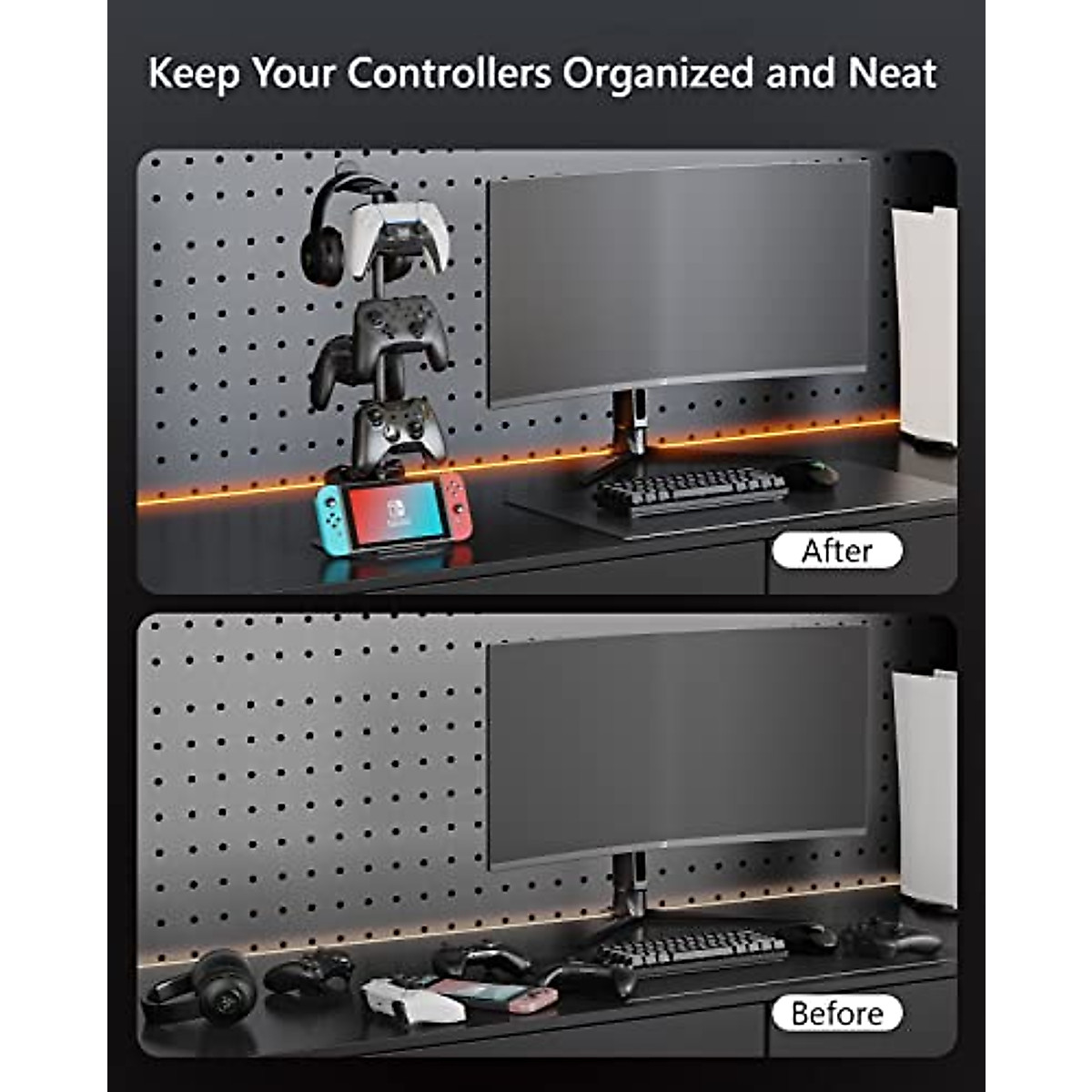 MiiKARE Controller Holder 6 Tiers with Headphone Holder, Adjustable Gaming Controller Headset Stand, Game Controller Stand for All Xbox PS4 PS5 Switch Pro Crontroller Gaming Accessories - Black