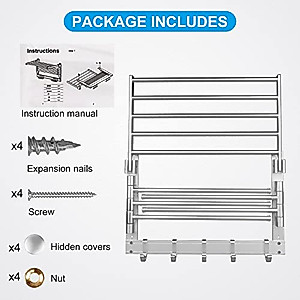 Laundry Clothes Drying Rack, Foldable Wall Mounted Drying Rack, Swivel Towel Rack with 5 Coat Hooks & 7 Swing Arms, Space Aluminum Drying Rack for Laundry Room Organization and Bathroom (Silver 7rods)