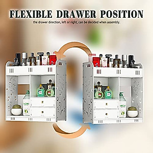 feejee Freestanding Compact Cosmetic Storage Shelf for Dressing Table, 4 Tier Small Bathroom Wall-Mounted Storage Organizer Tray with 2 Drawers, Makeup Organizer Holder for Toiletries, Bath