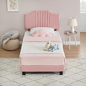 GAOMON Twin Size Bed Frame with Velvet Upholstered Headboard and Wooden Slats Support, Platform Twin Bed No Box Spring Needed, Noise-Free, Easy Assembly, Pink