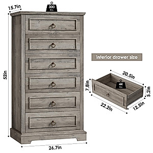 HOSTACK 6 Drawers Dresser, 52" Tall Dresser, Vertical 6 Drawer Dresser, Modern Farmhouse Chest of Drawers, Wood Closet Dresser Storage Dresser Chest for Living Room, Hallway, Entryway, Ash Grey